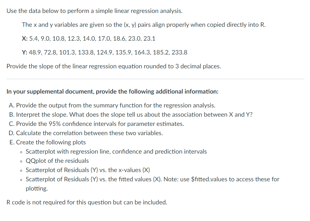 Solved Use the data below to perform a simple linear | Chegg.com