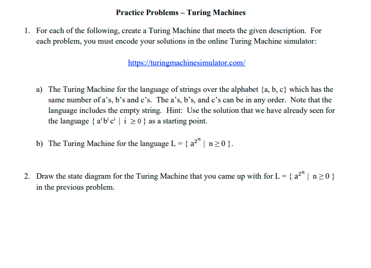 Solved Practice Problems - Turing Machines 1. For each of | Chegg.com
