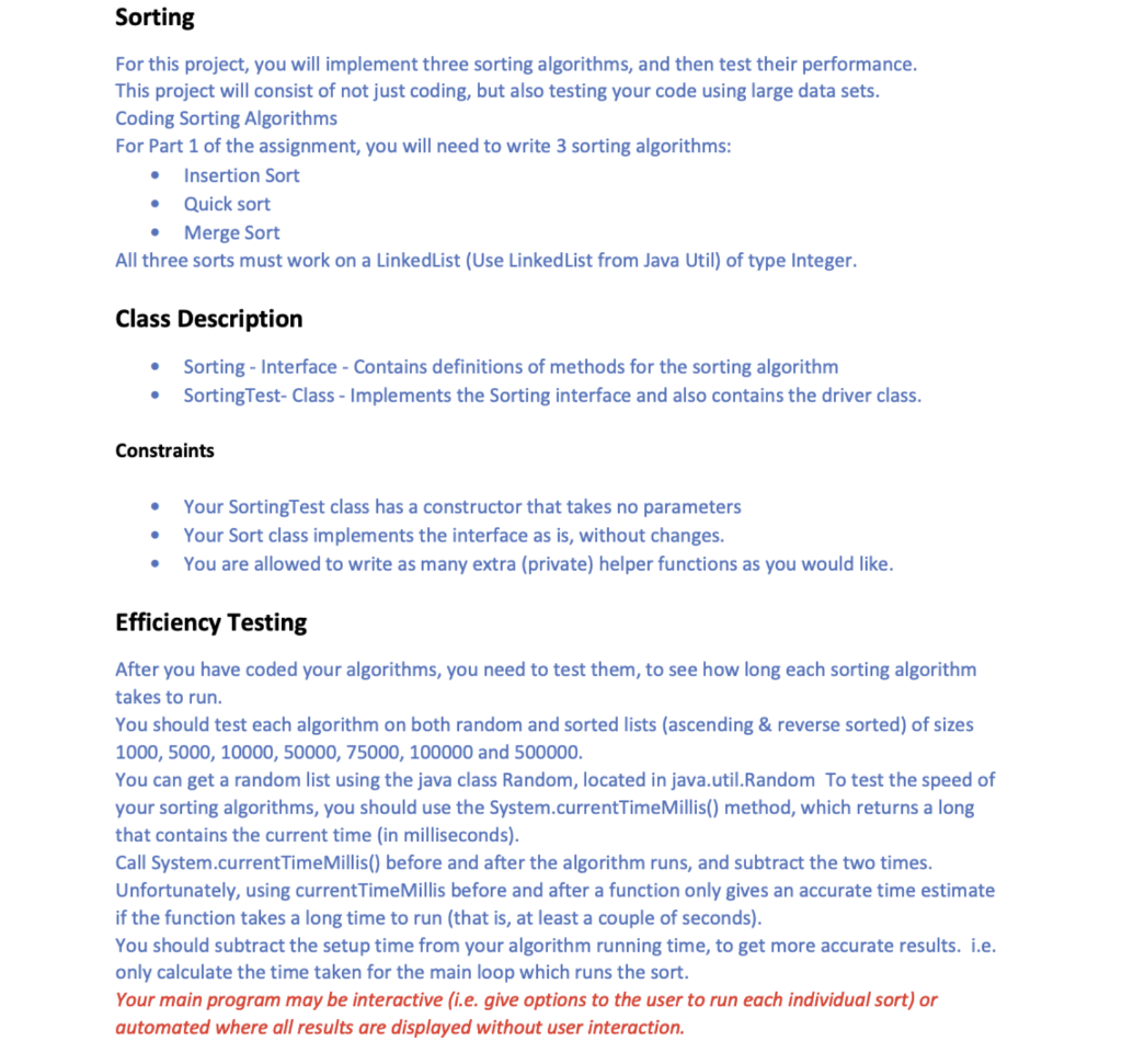 Sorting For this project, you will implement three | Chegg.com