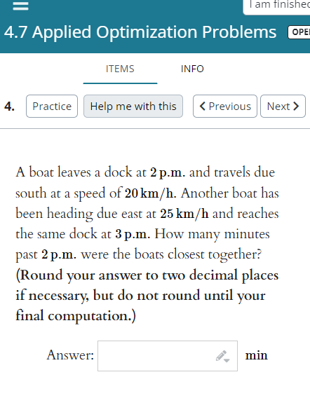 Solved 4.7 Applied Optimization Problems INFO 4. A boat | Chegg.com