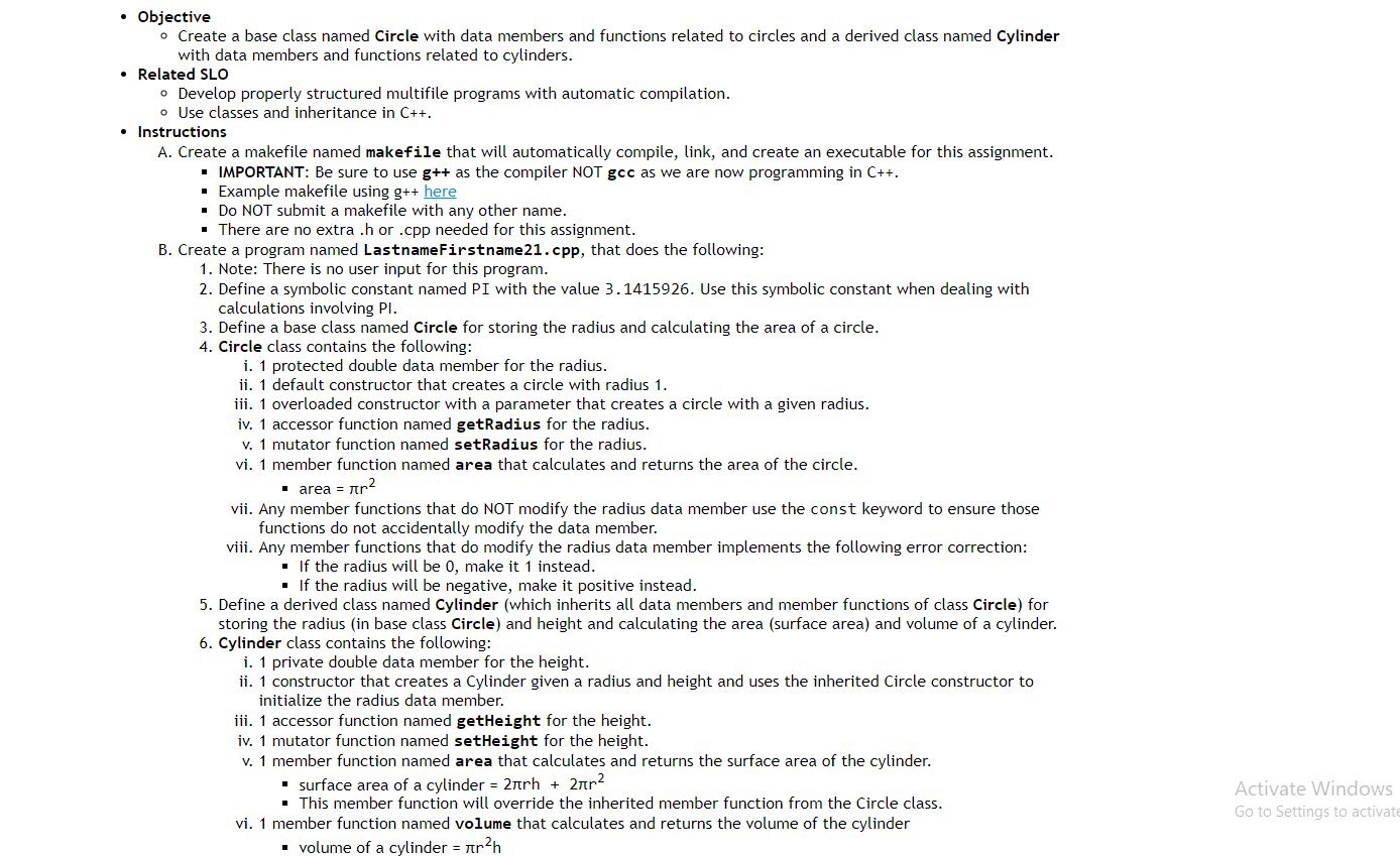 Solved - Objective - Create a base class named Circle with | Chegg.com
