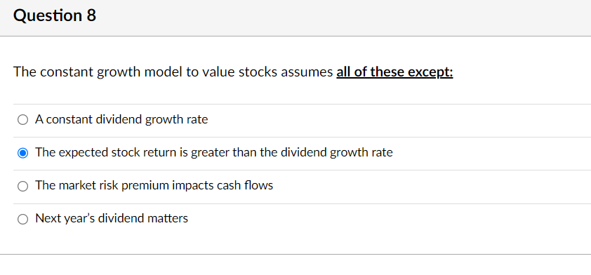 Solved The constant growth model to value stocks assumes all | Chegg.com
