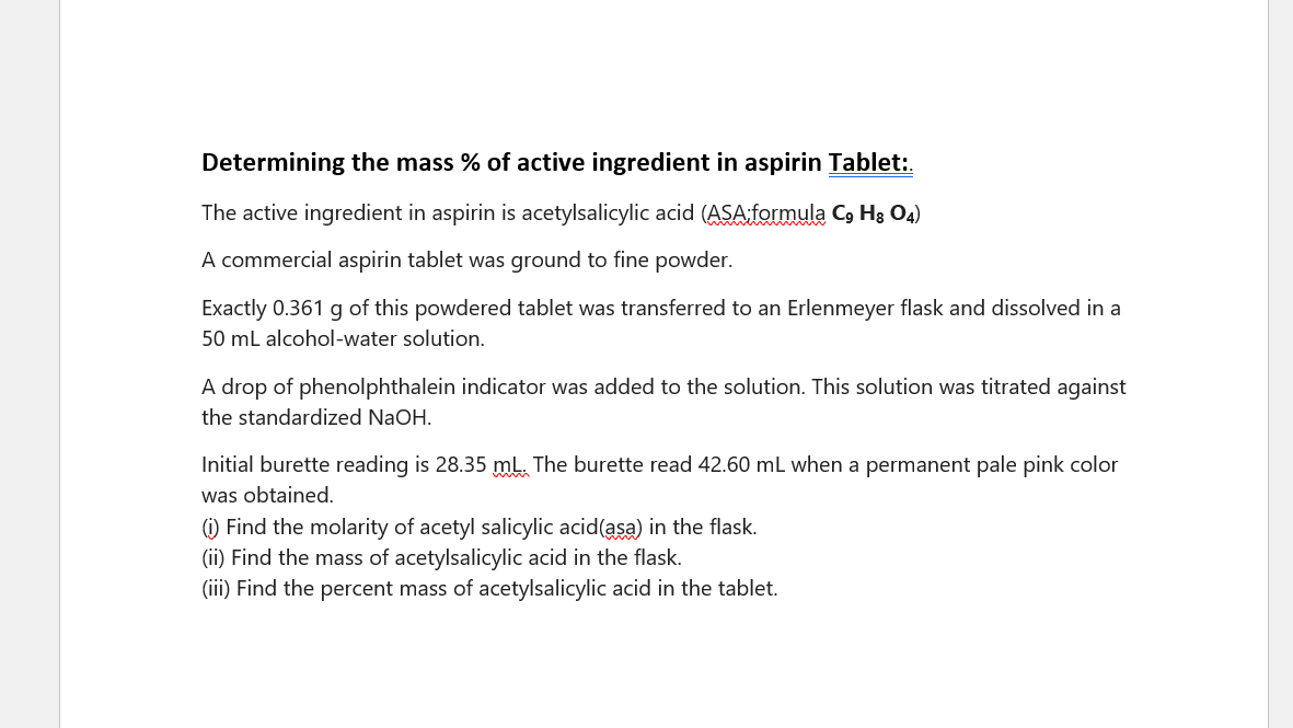 Determining the mass % of active ingredient in | Chegg.com