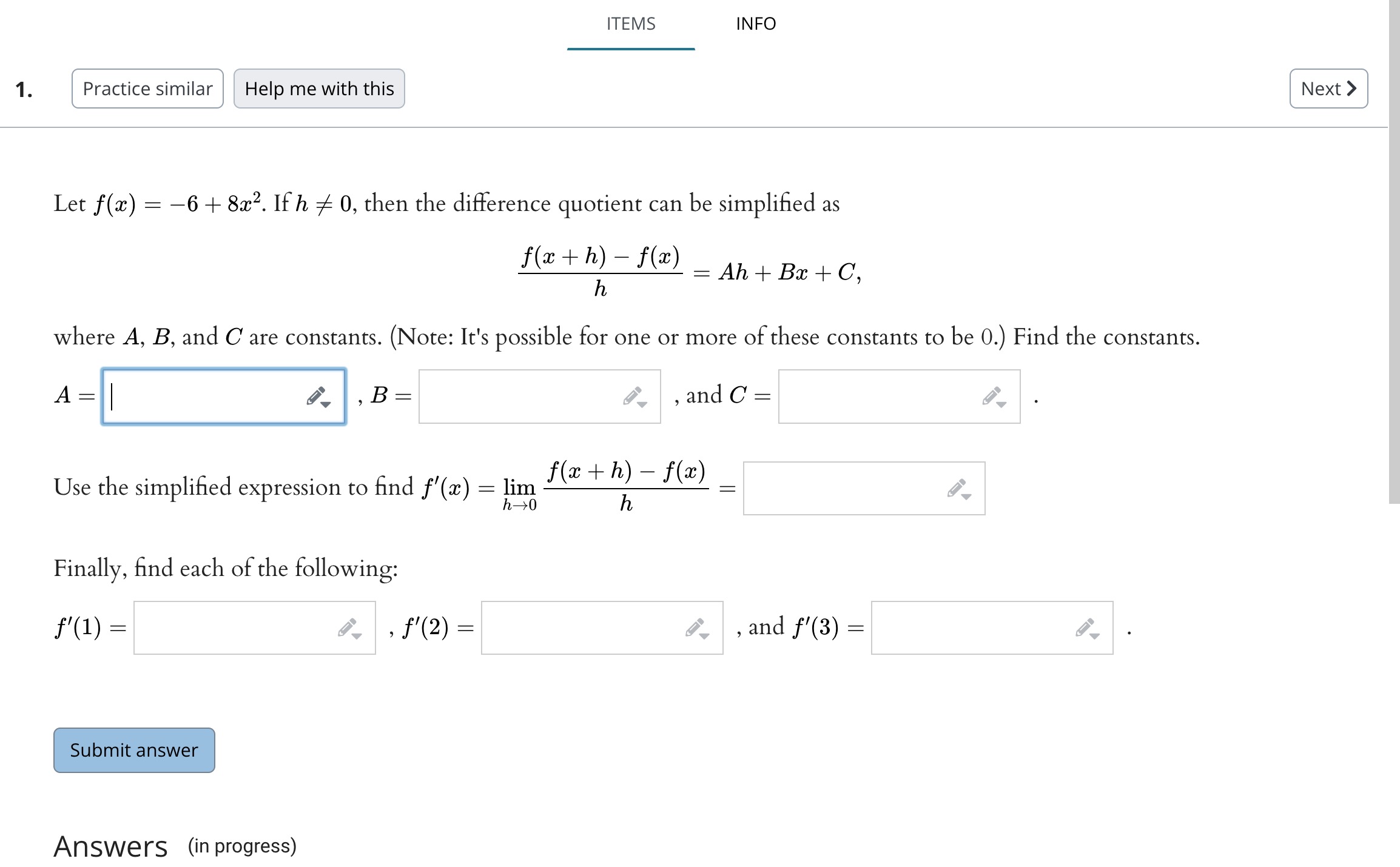 Solved Let f(x)=-6+8x2. ﻿If h≠0, ﻿then the difference | Chegg.com