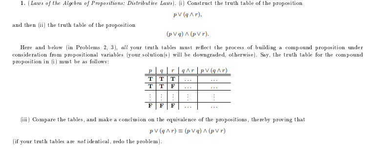 Solved 1. (Laws of the Algebra of Propositions: Distributive | Chegg.com