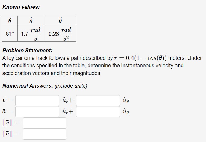 Solved Known values: Problem Statement: A toy car on a track | Chegg.com