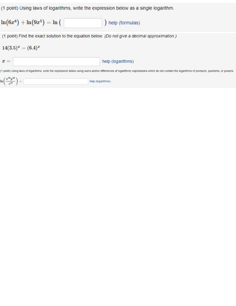 Solved (1 point) Using laws of logarithms, write the | Chegg.com