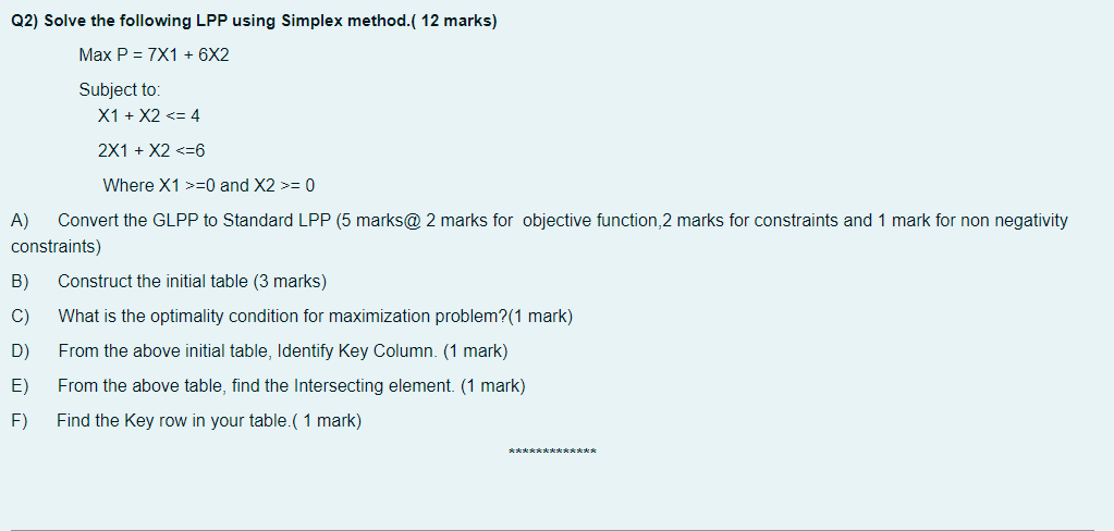 Solved Q2) Solve the following LPP using Simplex method.( 12 | Chegg.com