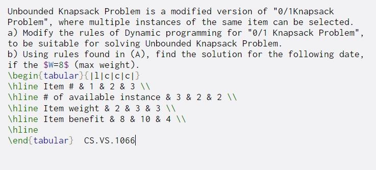 Solved Unbounded Knapsack Problem is a modified version of | Chegg.com