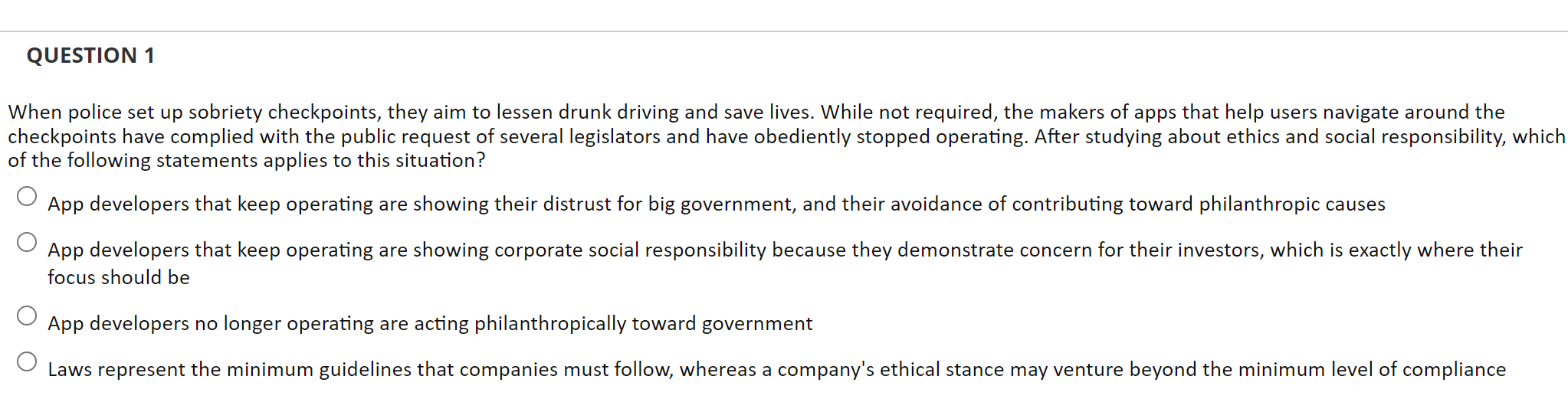 Solved QUESTION 1 When police set up sobriety checkpoints, | Chegg.com