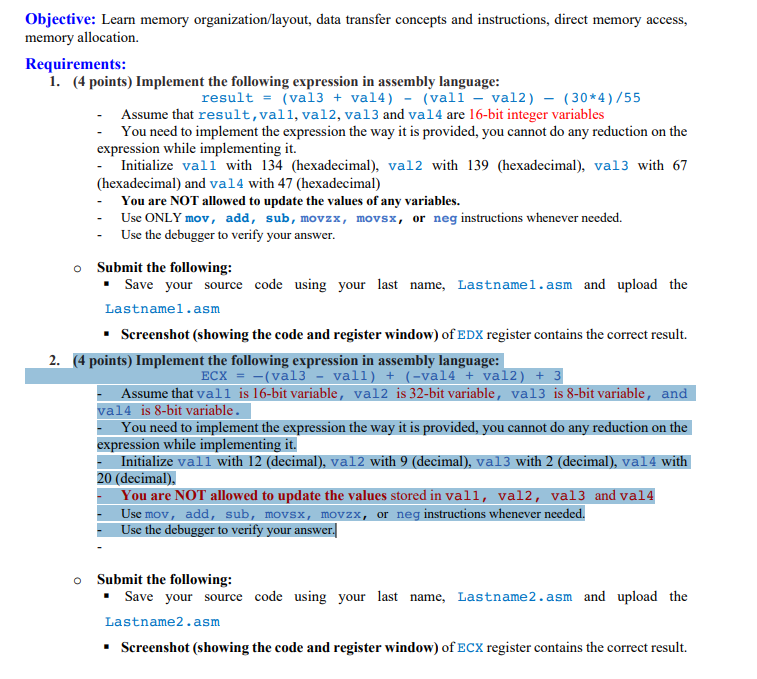Objective: Learn memory organization/layout, data | Chegg.com