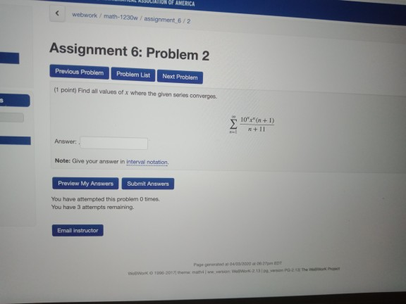 Solved M I L ASSOLIATION OF AMERICA webwork/math-1230w / | Chegg.com