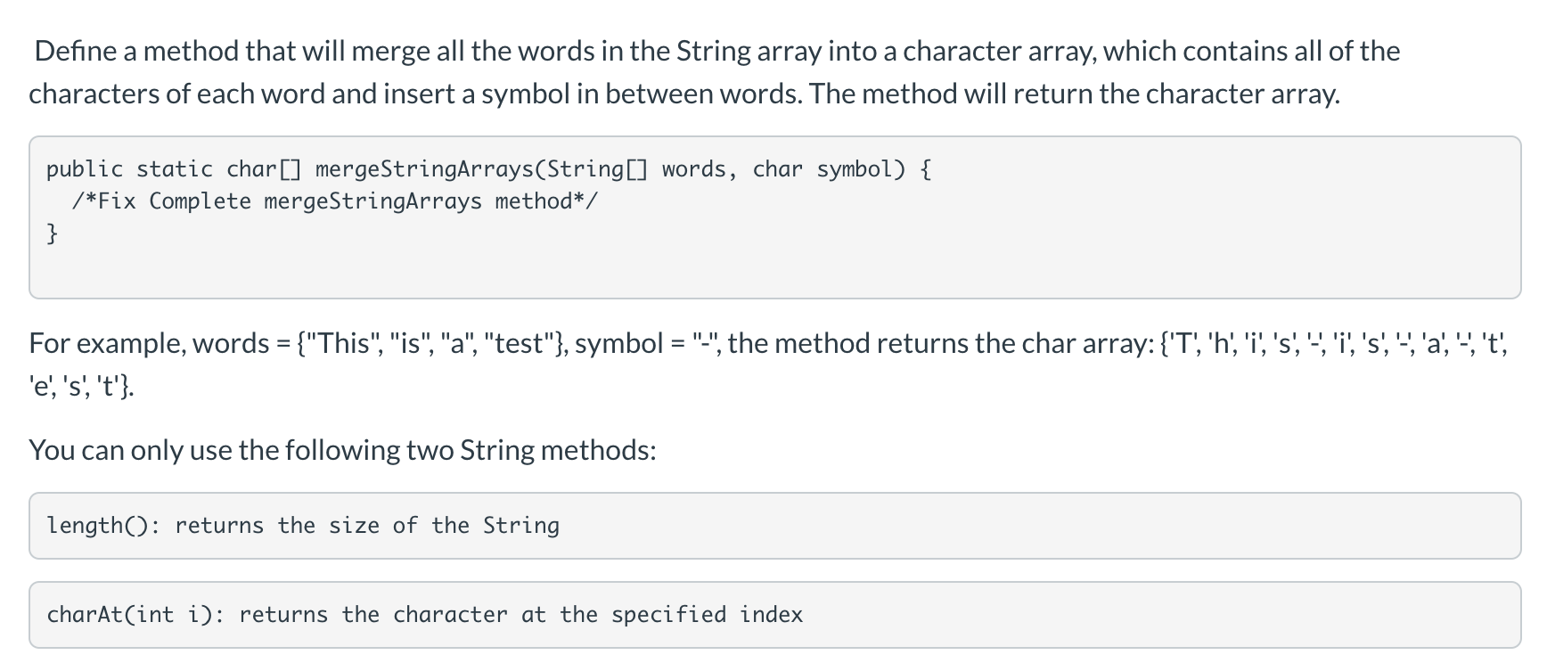 Solved Define a method that will merge all the words in the | Chegg.com