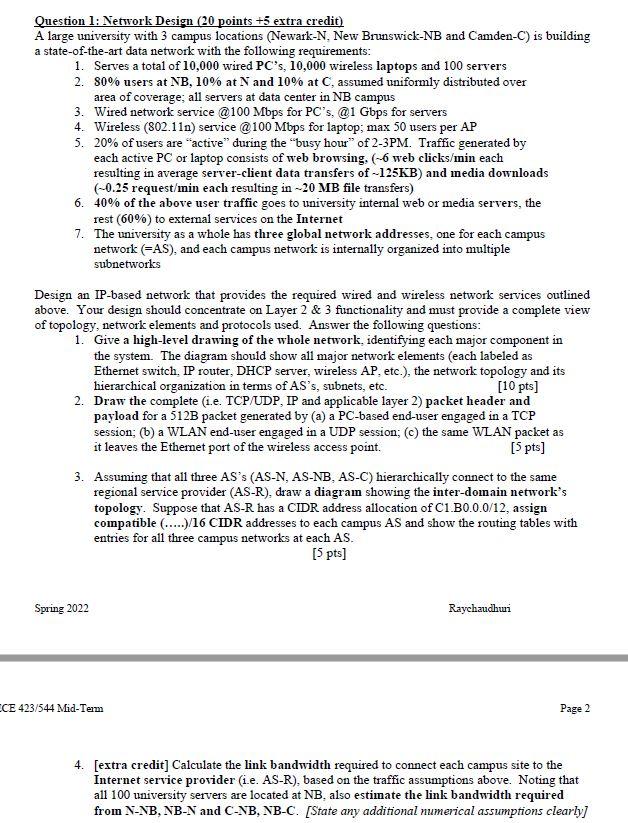 Question 1: Network Design (20 points +5 extra | Chegg.com