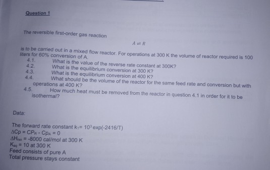 Solved Question 1 The reversible first-order gas reaction is | Chegg.com