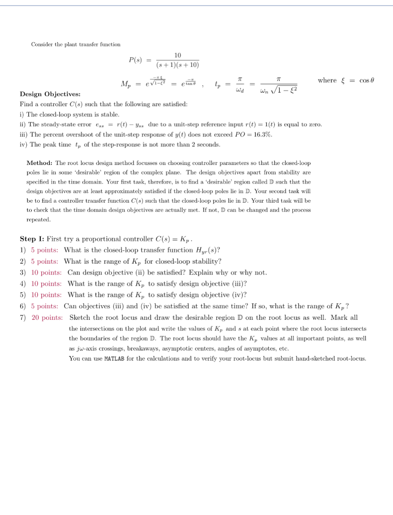 Solved Consider the plant transfer function | Chegg.com