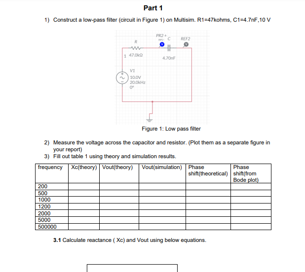 Solved 1) Construct a low-pass filter (circuit in Figure 1) | Chegg.com
