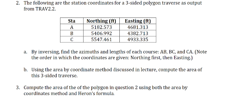 Solved 2. The following are the station coordinates for a | Chegg.com