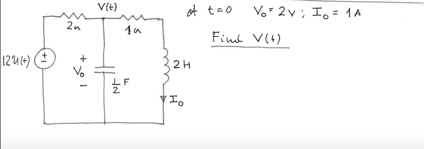 Solved t=0V0=2 V;I0=1 A Find V(t) | Chegg.com