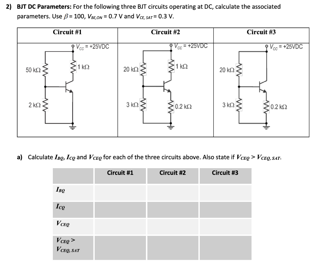 Solved 2) BJT DC Parameters: For the following three BJT | Chegg.com