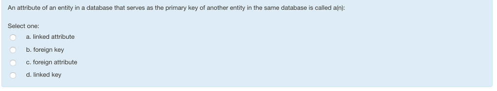 Solved An attribute of an entity in a database that serves | Chegg.com