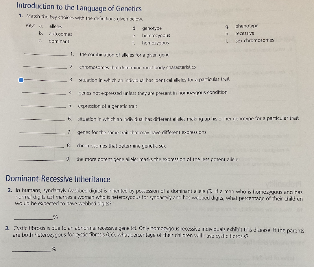 Solved Introduction to the Language of Genetics 1. Match the | Chegg.com