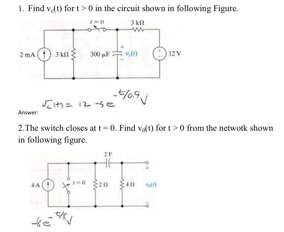 Solved 1. Find \\( v_{c}(t) \\) for \\( t>0 \\) in the | Chegg.com