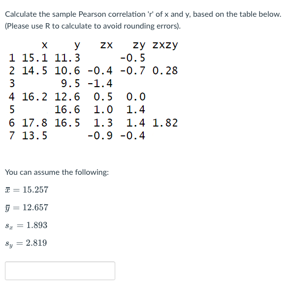 Solved Calculate the sample Pearson correlation 'r' ﻿of x | Chegg.com