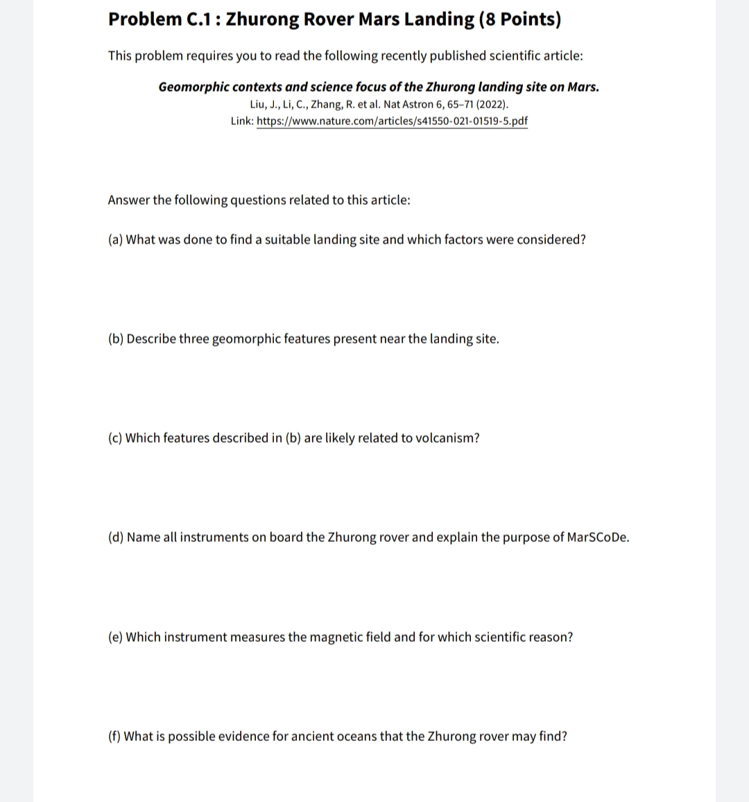 Solved Problem C.1 : Zhurong Rover Mars Landing (8 Points) | Chegg.com