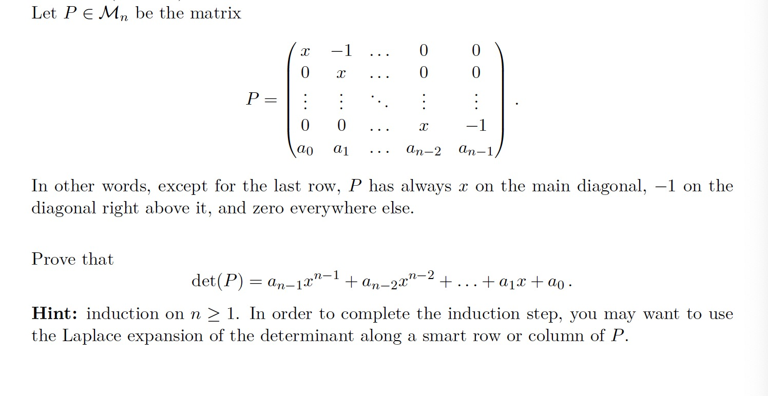 Solved Let Pe Mn be the matrix ( x O -1 ... X ... 0 0 0 1 0 | Chegg.com