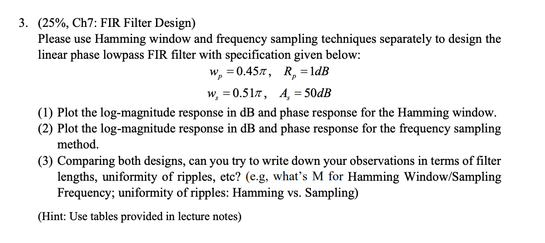 3. (25%, Ch7: FIR Filter Design) Please use Hamming | Chegg.com