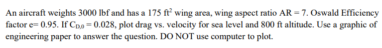 Solved An aircraft weights 3000 lbf and has a 175 ft wing | Chegg.com