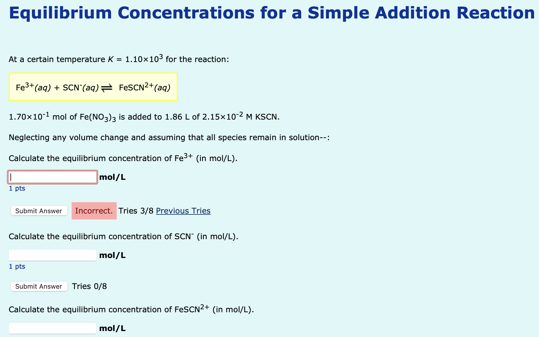 Solved Equilibrium Concentrations for a Simple Addition | Chegg.com