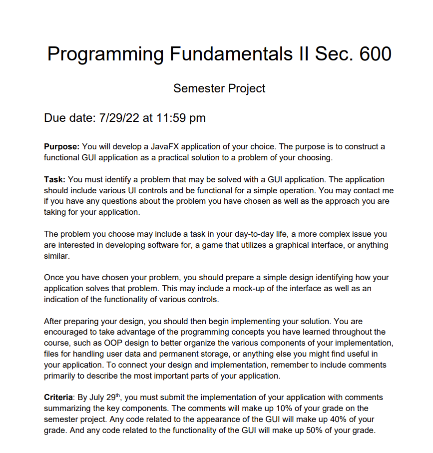 Solved Programming Fundamentals II Sec. 600 Semester Project | Chegg.com