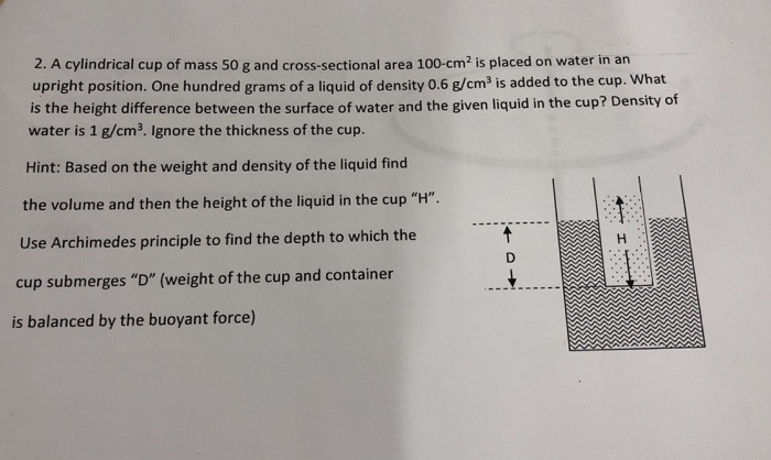 Solved 2. A cylindrical cup of mass 50 g and cross-sectional | Chegg.com