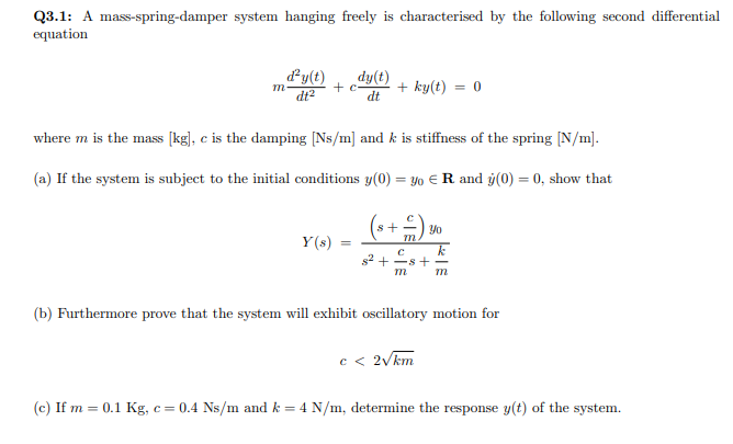Solved Q3.1: A mass-spring-damper system hanging freely is | Chegg.com
