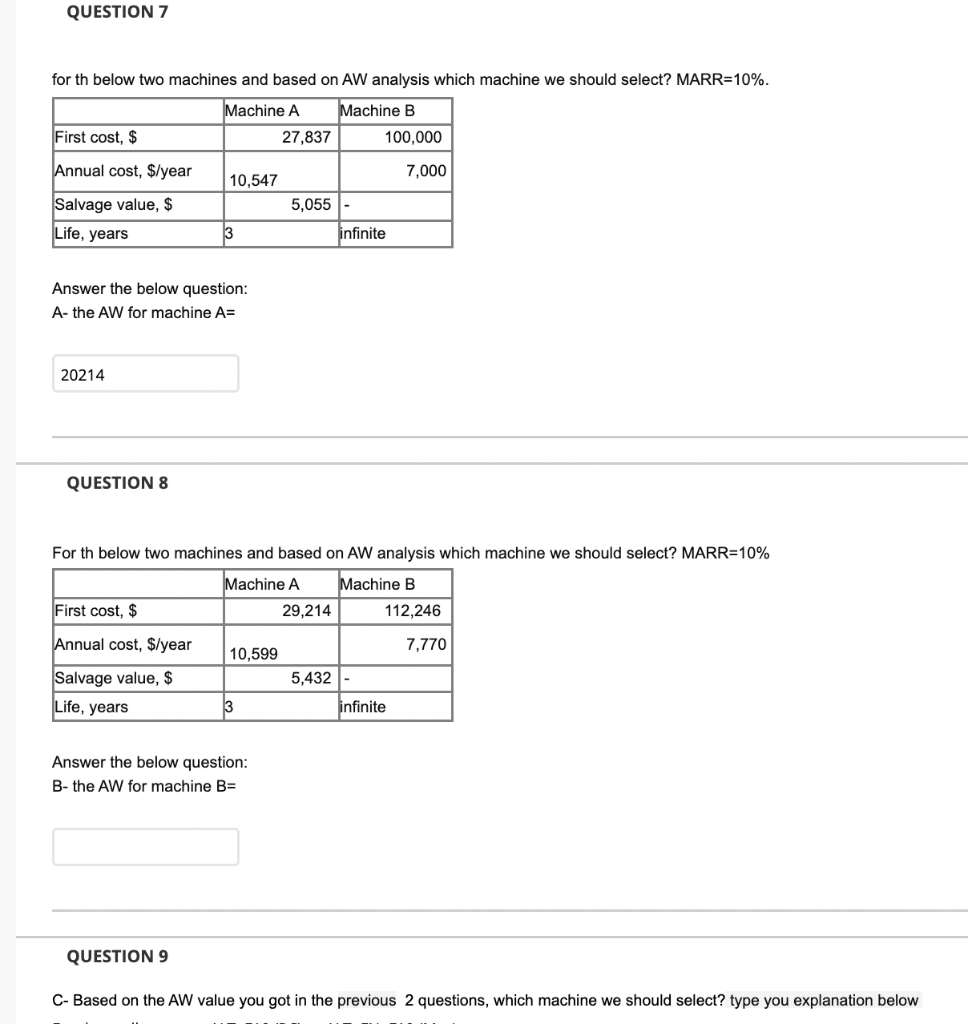 Solved for th below two machines and based on AW analysis | Chegg.com