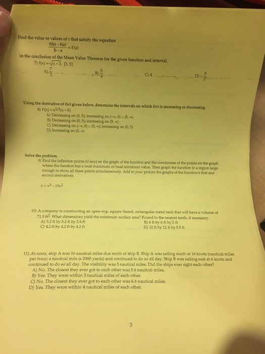 Solved Find the value or values of c that satisfy the | Chegg.com