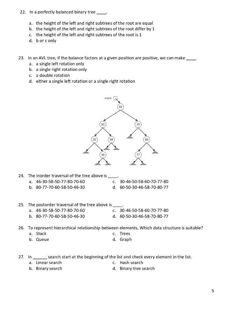 Solved 22. In a perfectly balanced binary tree --- a. the | Chegg.com