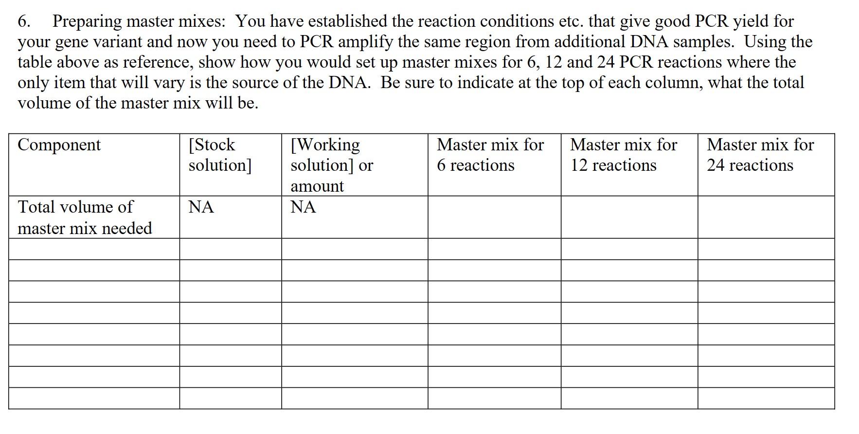Solved 6. Preparing master mixes: You have established the | Chegg.com