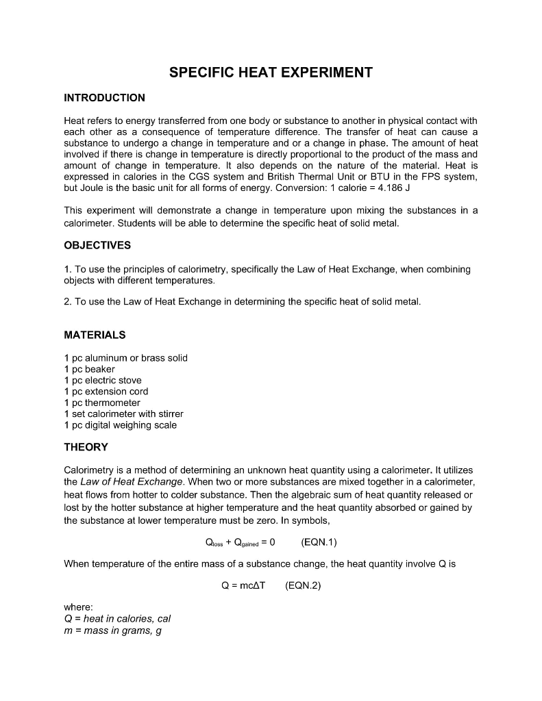 SPECIFIC HEAT EXPERIMENT INTRODUCTION Heat refers to | Chegg.com