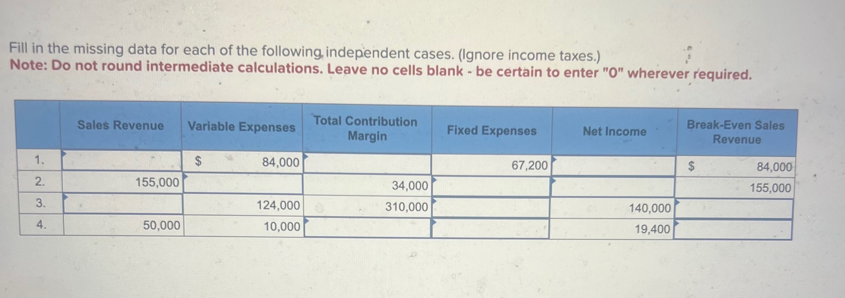 Solved Fill in the missing data for each of the following | Chegg.com