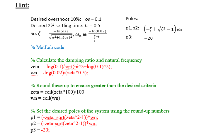 Solved Overshoot (os) = e 11-323- Task 1.2: Pole Placement | Chegg.com