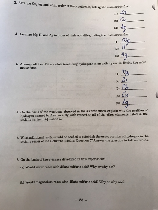 Solved Arrange Cu, Ag, and Zn in order of their activities, | Chegg.com