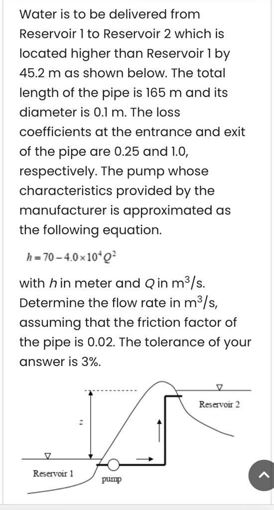 Solved Water is to be delivered from Reservoir 1 to | Chegg.com