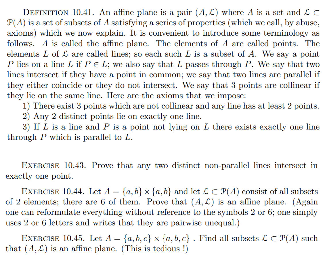 Solved DEFINITION 10.41. An affine plane is a pair (A, L) | Chegg.com