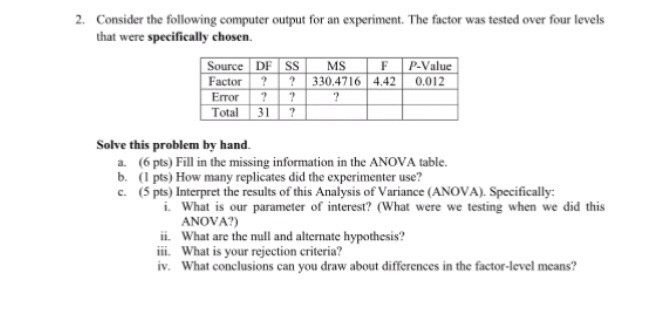 Solved Consider the following computer output for an | Chegg.com