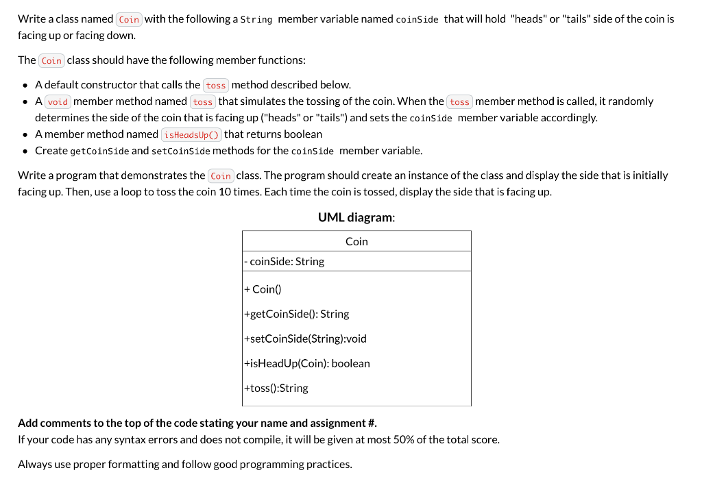 Solved Write a class named Coin with the following a string | Chegg.com