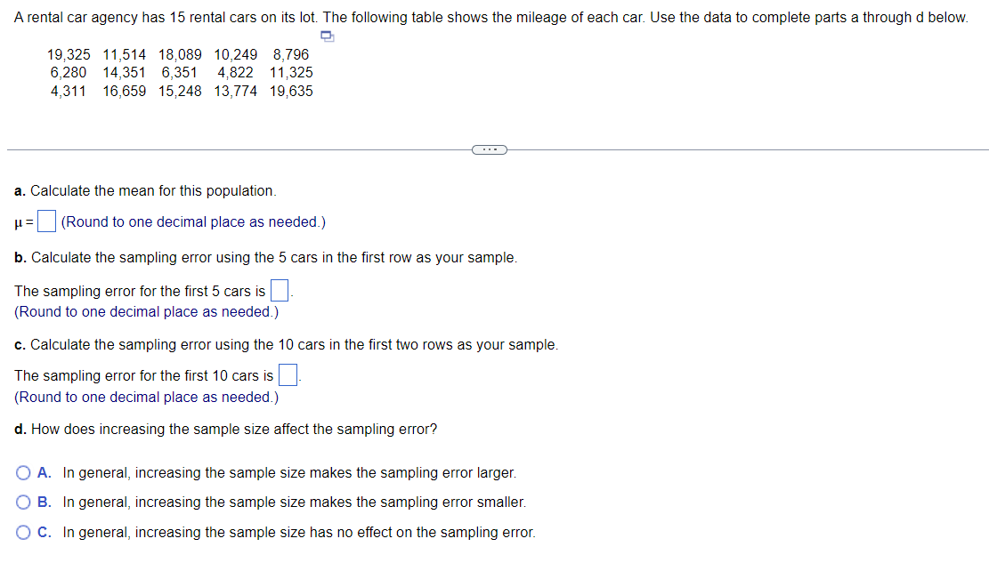 Solved b. Calculate the sampling error using the 5 cars in | Chegg.com