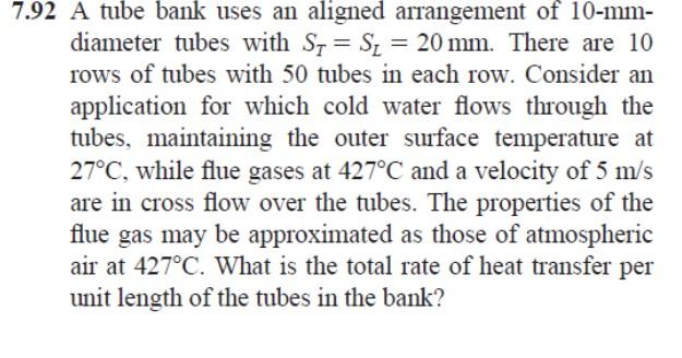 Solved 7.92 A tube bank uses an aligned arrangement of | Chegg.com